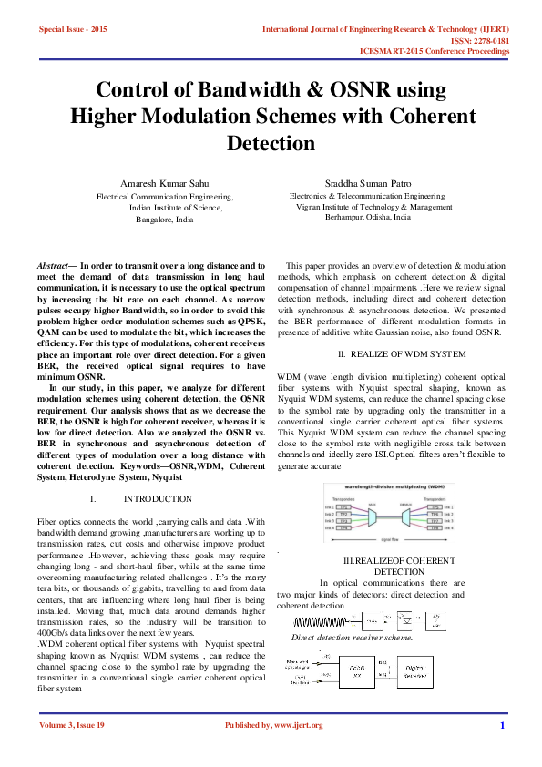 (PDF) Control of Bandwidth & OSNR using Higher Modulation Schemes with Coherent Detection