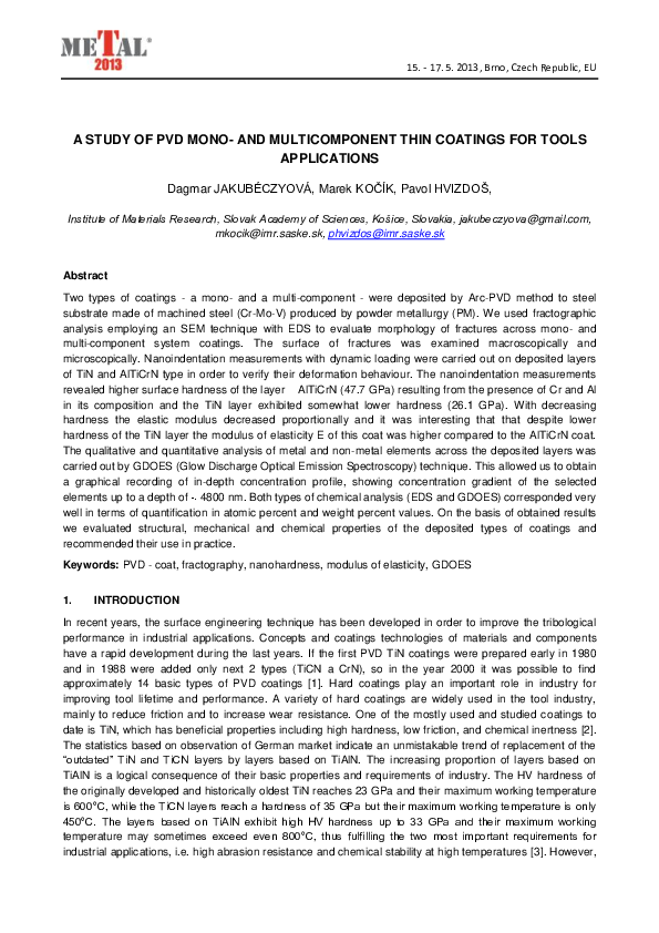 (PDF) A Study of PVD Mono-And Multicomponent Thin Coatings for Tools ...