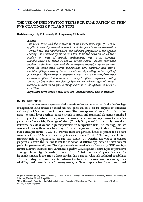 (PDF) THE USE OF INDENTATION TESTS FOR EVALUATION OF THIN PVD COATINGS ...