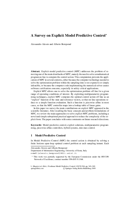 (PDF) A Survey on Explicit Model Predictive Control