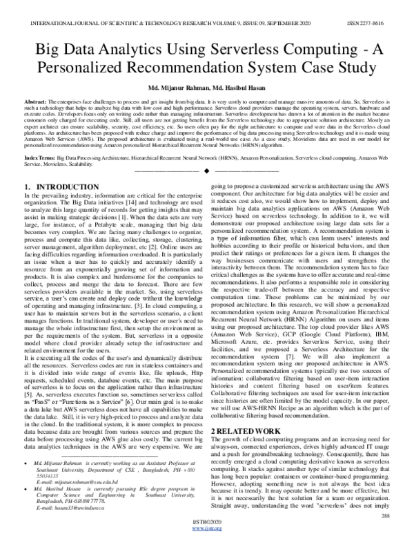 (PDF) Big Data Analytics Using Serverless Computing - A Personalized Recommendation System Case ...