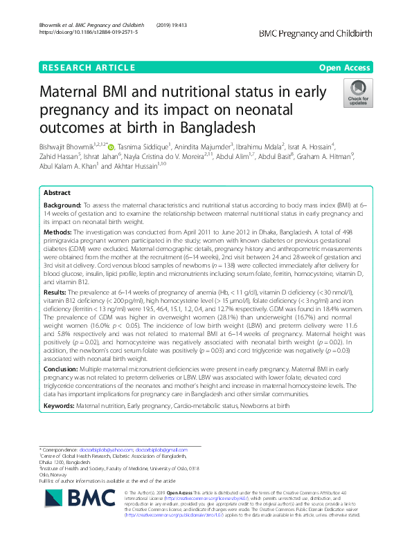 (PDF) Maternal BMI and nutritional status in early pregnancy and its ...