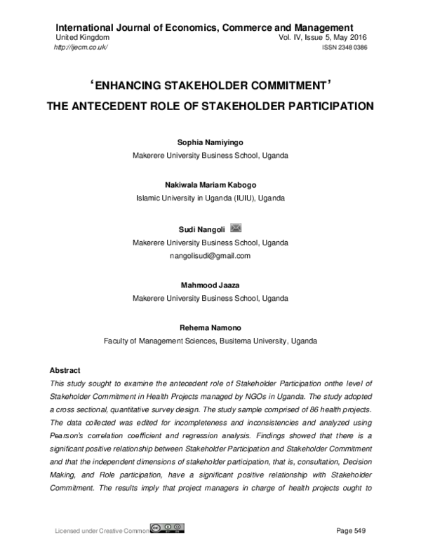 (PDF) Licensed under Creative Common ' ENHANCING STAKEHOLDER COMMITMENT ' THE ANTECEDENT ROLE OF ...
