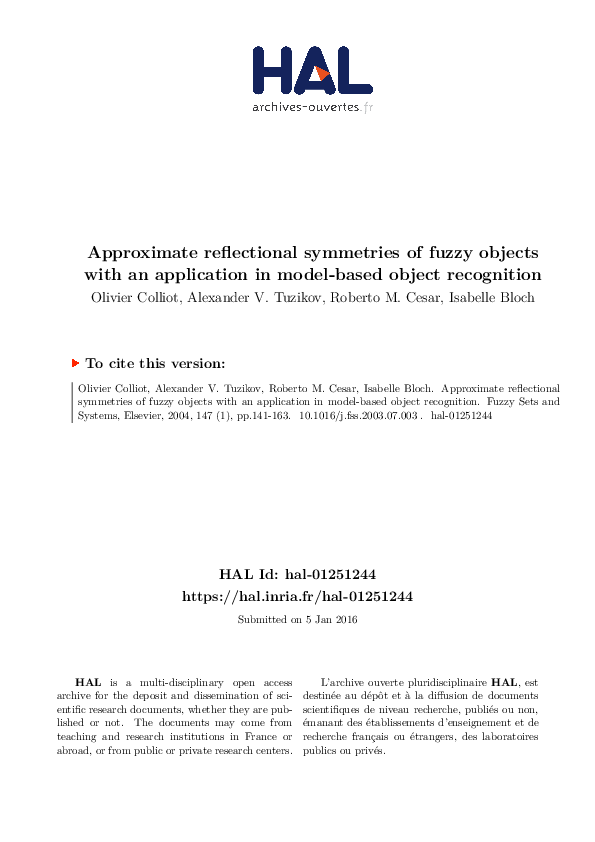 (PDF) Approximate reflectional symmetries of fuzzy objects with an application in model-based ...