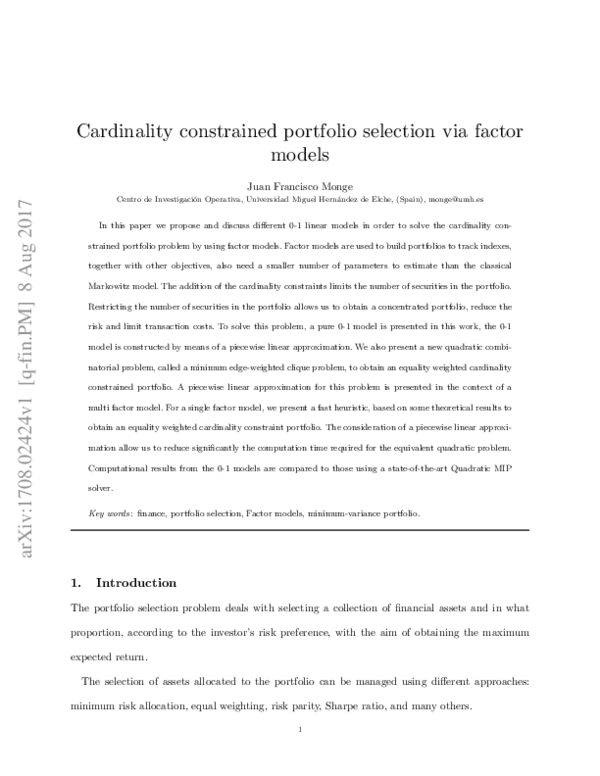 Pdf Cardinality Constrained Portfolio Selection Via Factor Models Juan Monge