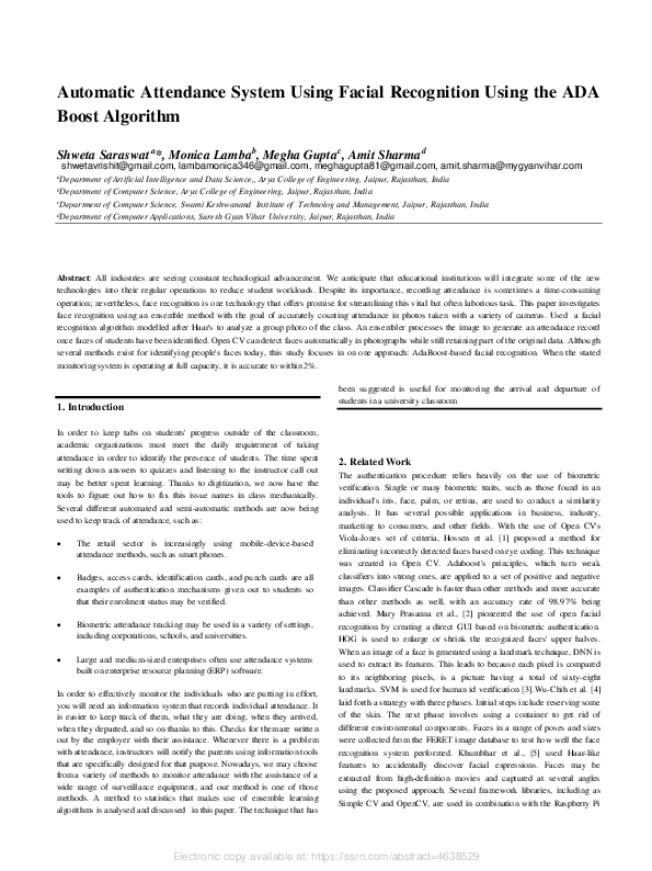 Pdf Automatic Attendance System Using Facial Recognition Using The Ada Boost Algorithm 6759