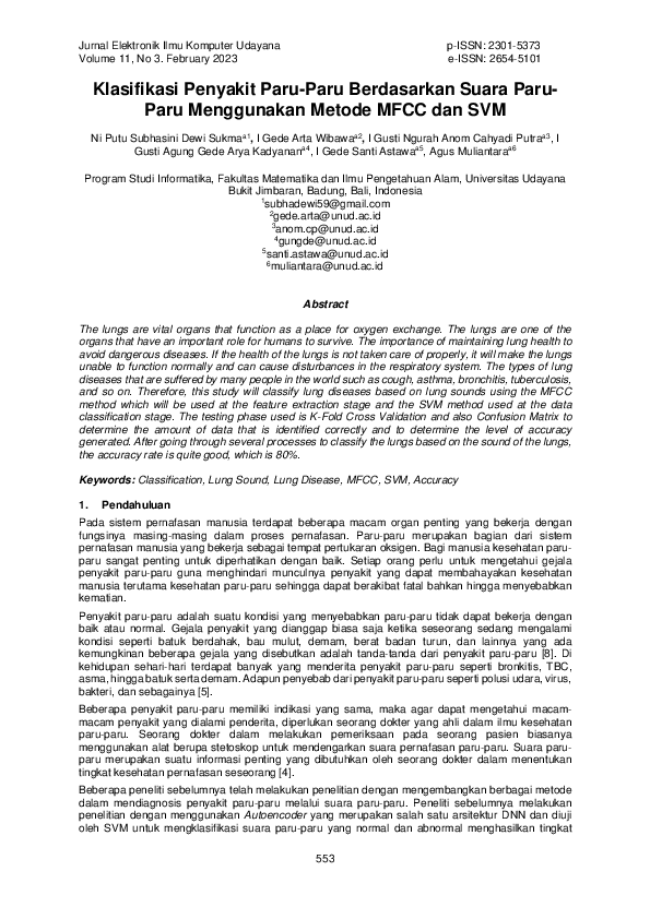 (PDF) Klasifikasi Penyakit Paru-Paru Berdasarkan Suara Paru-Paru Menggunakan Metode MFCC dan SVM
