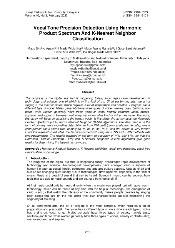(PDF) Vocal Tone Precision Detection Using Harmonic Product Spectrum (HPS) and K-Nearest ...