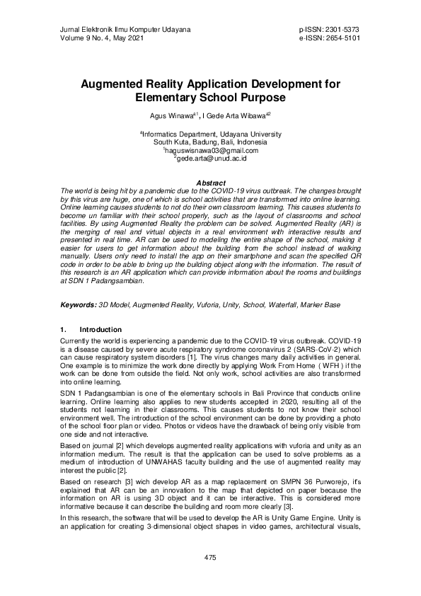 (PDF) Augmented Reality Application Development for Elementary School Purpose | gede wibawa ...