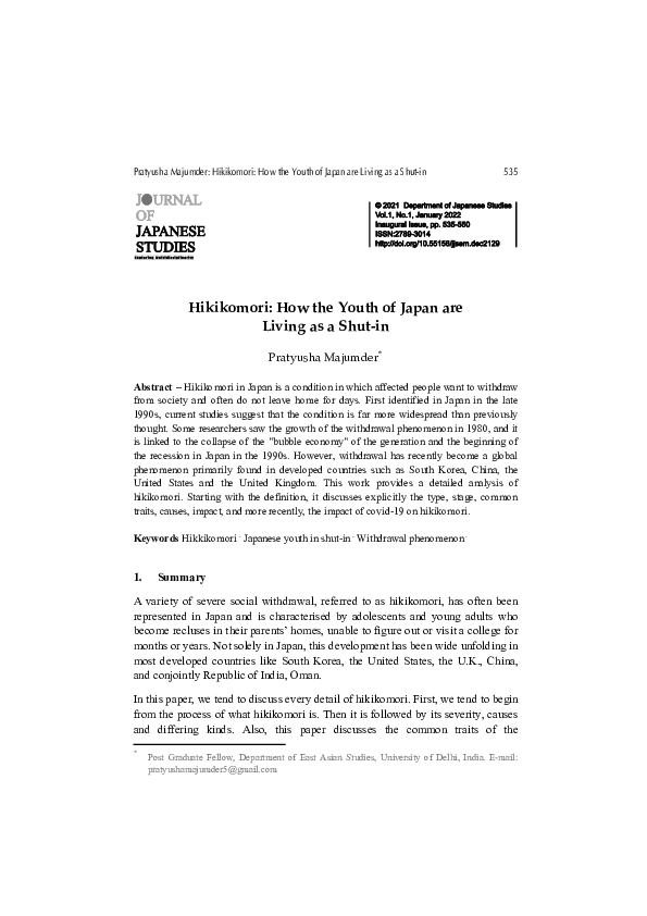 (PDF) Hikikomori: How the Youth of Japan are Living as a Shut In