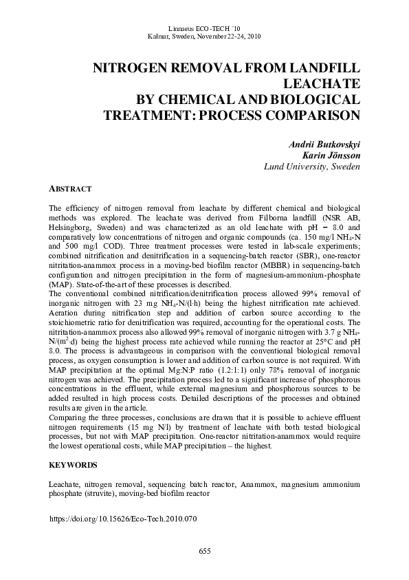 (PDF) Nitrogen Removal from Landfill Leachate by Chemical and Biological Treatment: Process ...