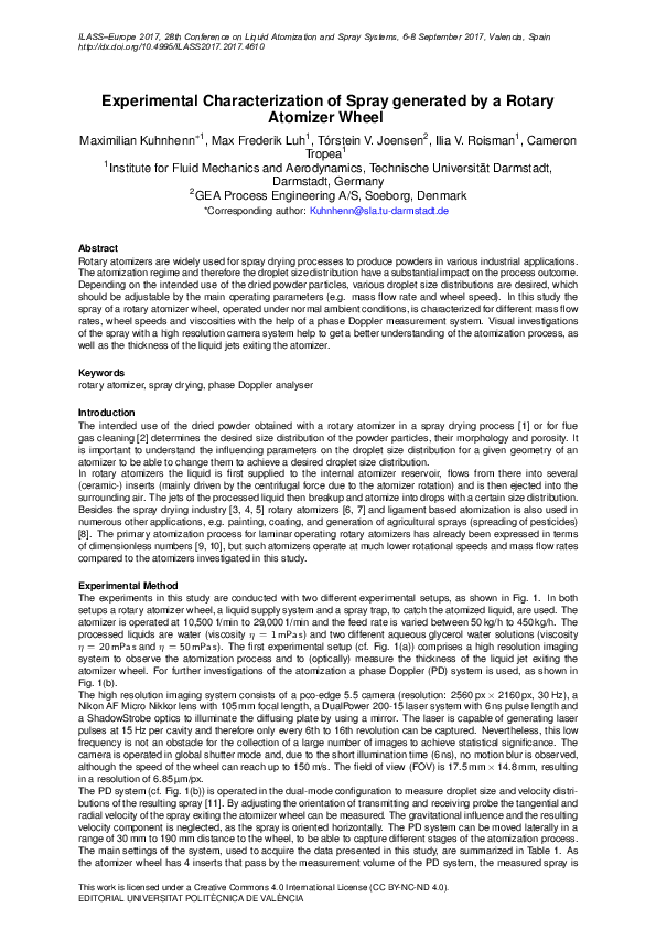 (PDF) Experimental Characterization of Spray generated by a Rotary Atomizer Wheel