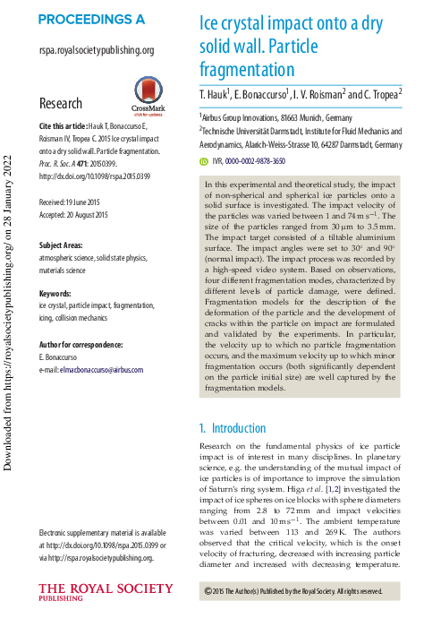 (PDF) Ice crystal impact onto a dry solid wall. Particle fragmentation