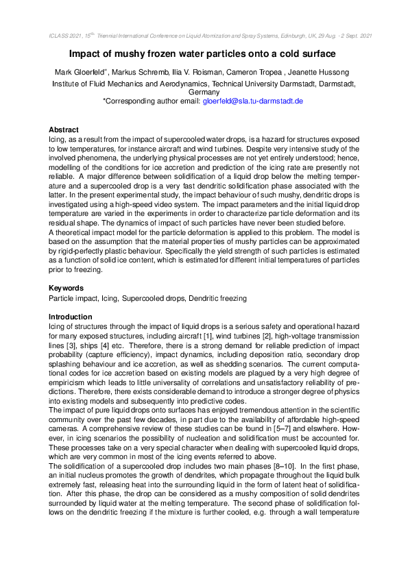 (PDF) Impact of mushy frozen water particles onto a cold surface