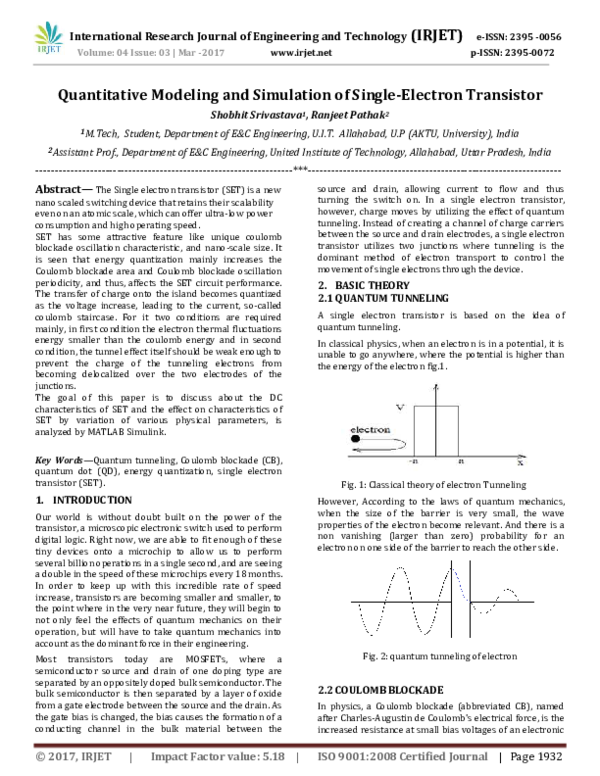 (PDF) Quantitative Modeling and Simulation of Single-Electron Transistor