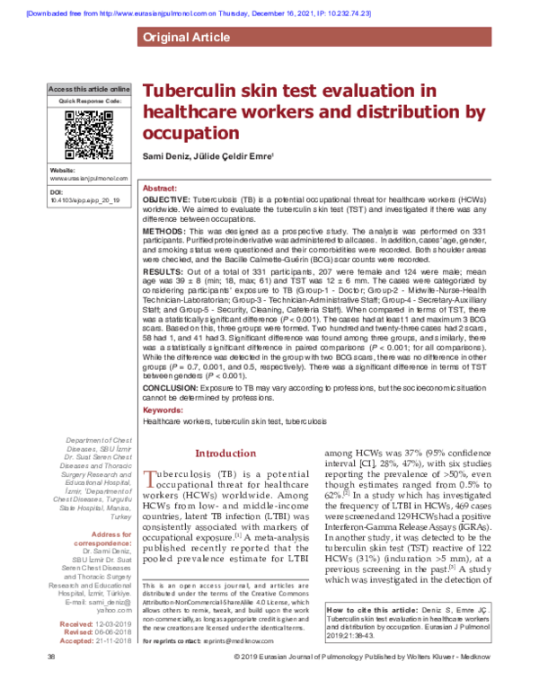 (PDF) Tuberculin skin test evaluation in healthcare workers and ...