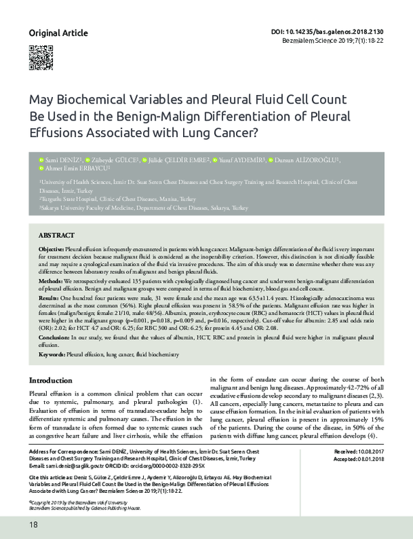 (PDF) May Biochemical Variables and Pleural Fluid Cell Count Be Used in the Benign- Malign ...
