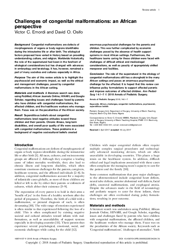 (PDF) Challenges of congenital malformations