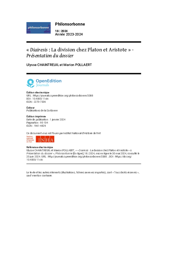 (PDF) Diairesis : La division chez Platon et Aristote