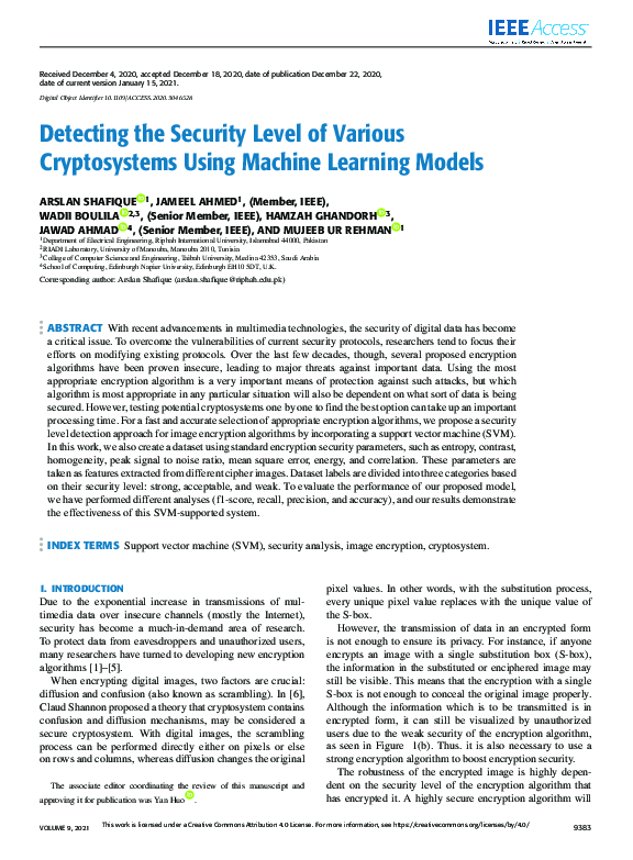 (PDF) Detecting the Security Level of Various Cryptosystems Using Machine Learning Models