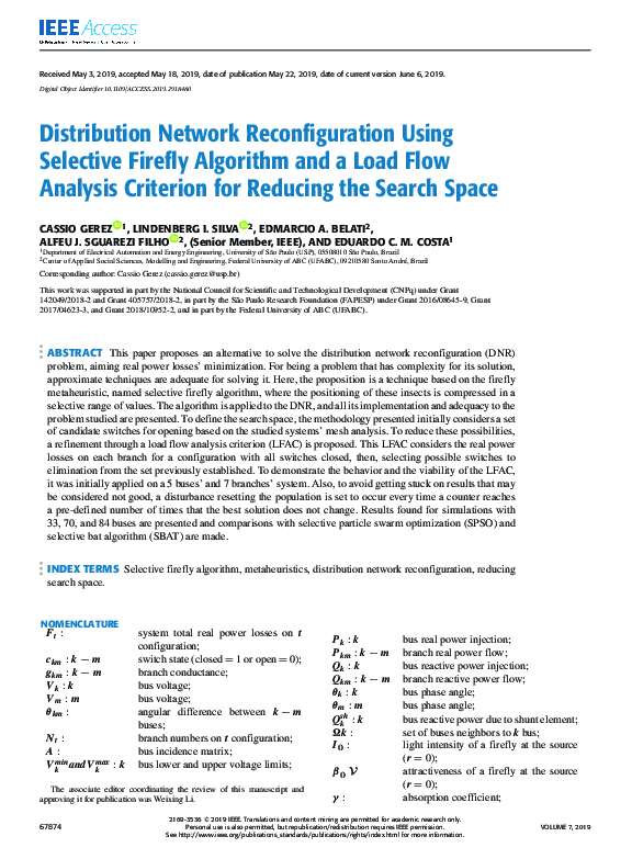 Pdf Distribution Network Reconfiguration Using Selective Firefly