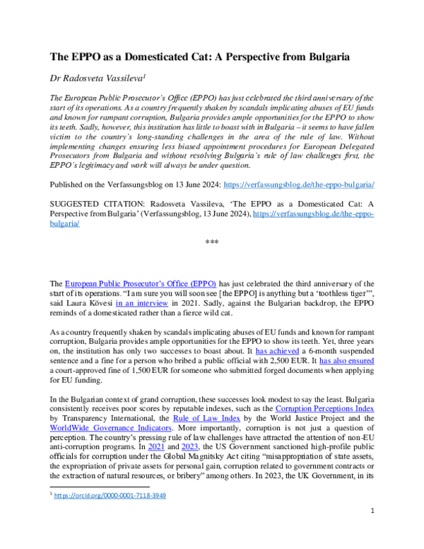 (PDF) The EPPO as a Domesticated Cat: A Perspective from Bulgaria