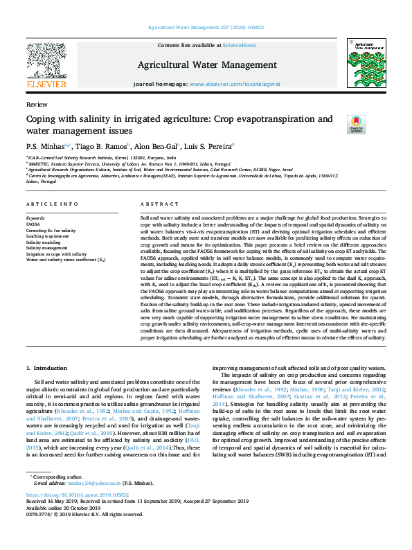 (PDF) Coping with salinity in irrigated agriculture: Crop evapotranspiration and water ...