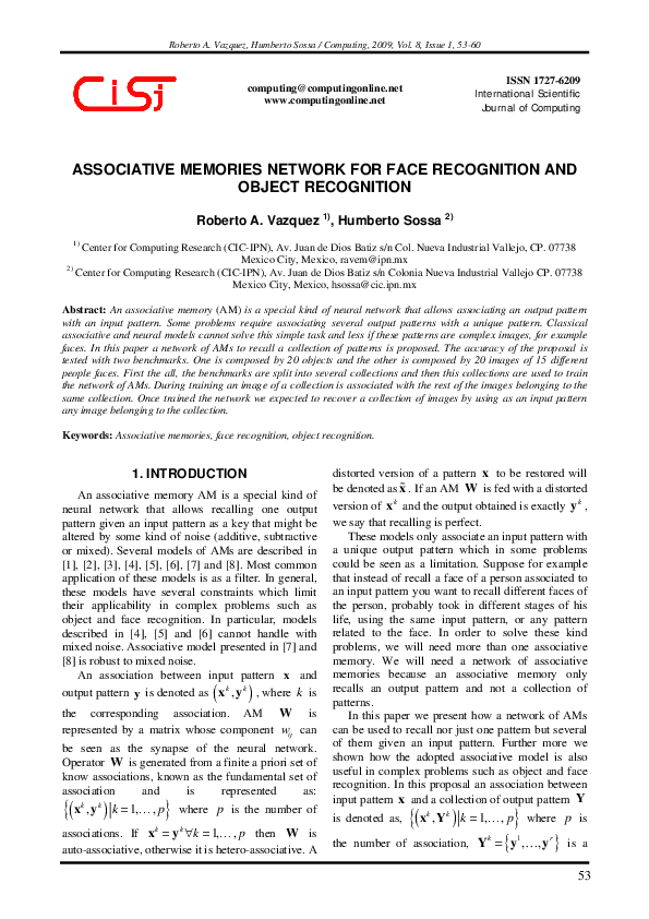 (PDF) Associative Memories Network for Face Recognition and Object Recognition
