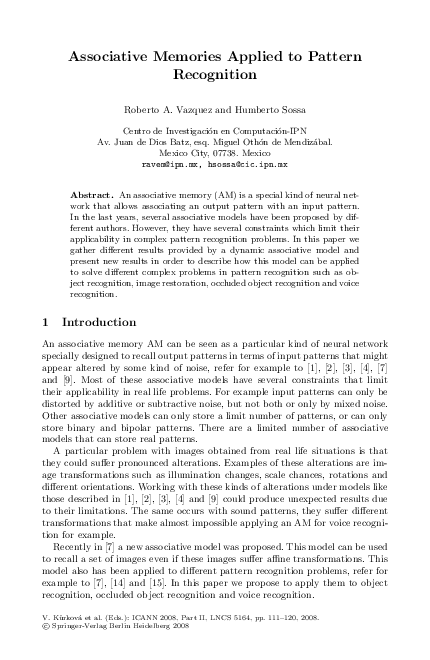 (PDF) Associative Memories Applied to Pattern Recognition