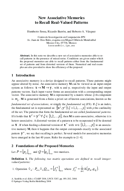 (PDF) New Associative Memories to Recall Real-Valued Patterns