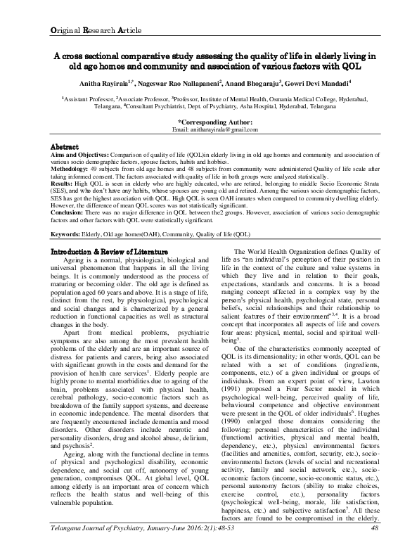 (PDF) A cross sectional comparative study assessing the quality of life ...
