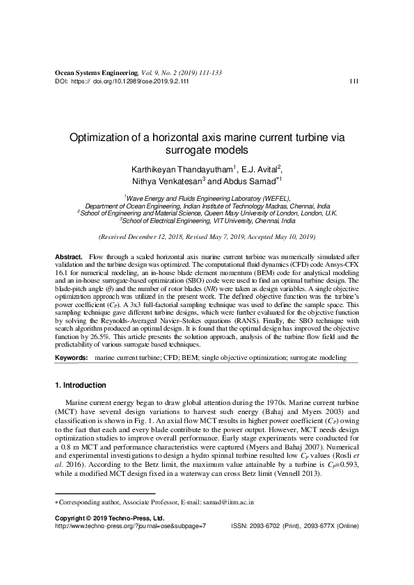 Pdf Optimization Of A Horizontal Axis Marine Current Turbine Via Surrogate Models Eldad