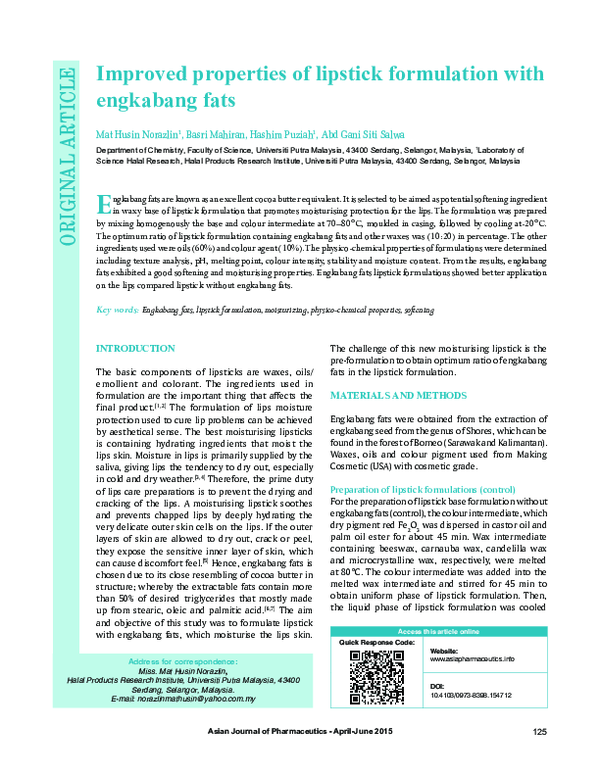 (PDF) Improved properties of lipstick formulation with engkabang fats
