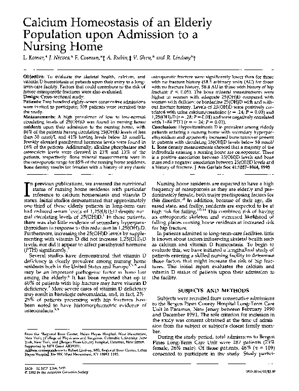 (PDF) Calcium Homeostasis of an Elderly Population upon Admission to a ...