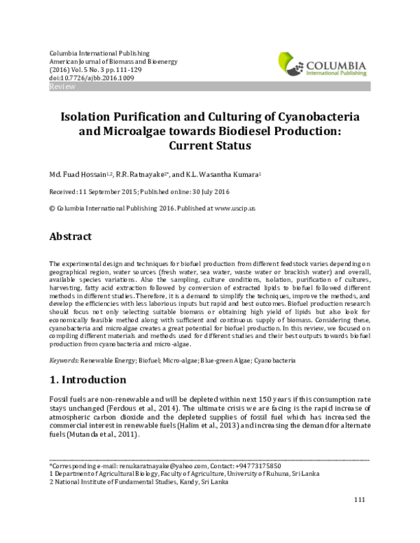 (PDF) Isolation Purification and Culturing of Cyanobacteria and Microalgae towards Biodiesel ...