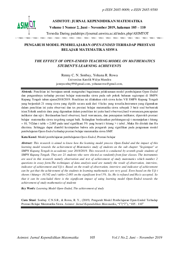 (PDF) Pengaruh Model Pembelajaran Open-Ended Terhadap Prestasi Belajar Matematika Siswa