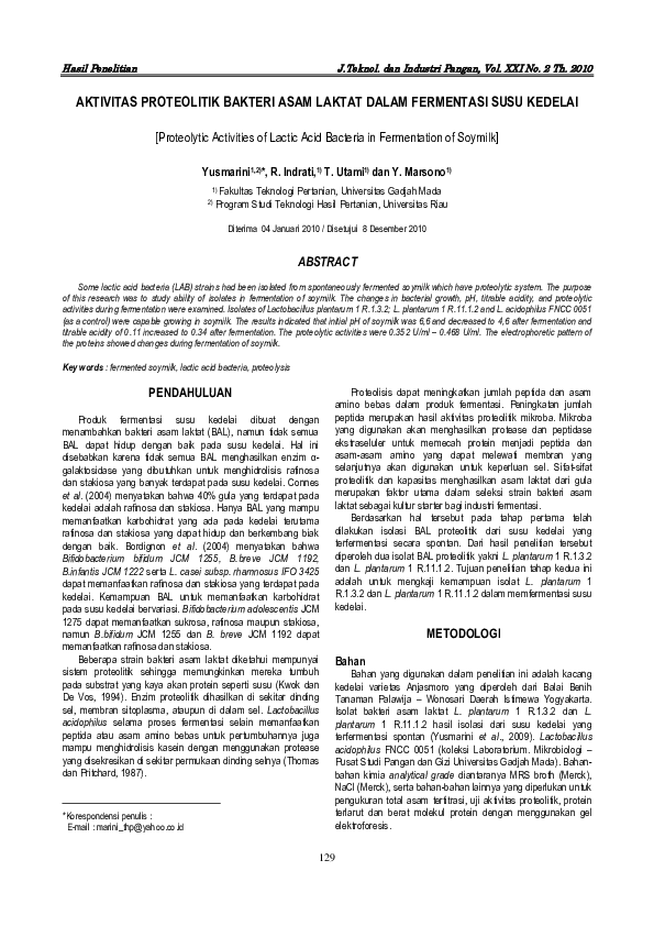 (PDF) AKTIVITAS PROTEOLITIK BAKTERI ASAM LAKTAT DALAM FERMENTASI SUSU KEDELAI [Proteolytic ...