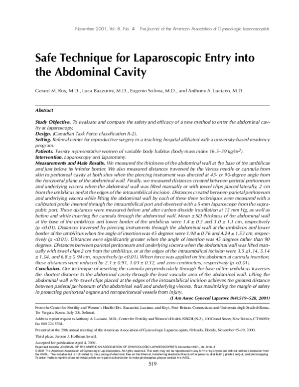 (PDF) Safe Technique for Laparoscopic Entry into the Abdominal Cavity | Luca Bazzurini ...