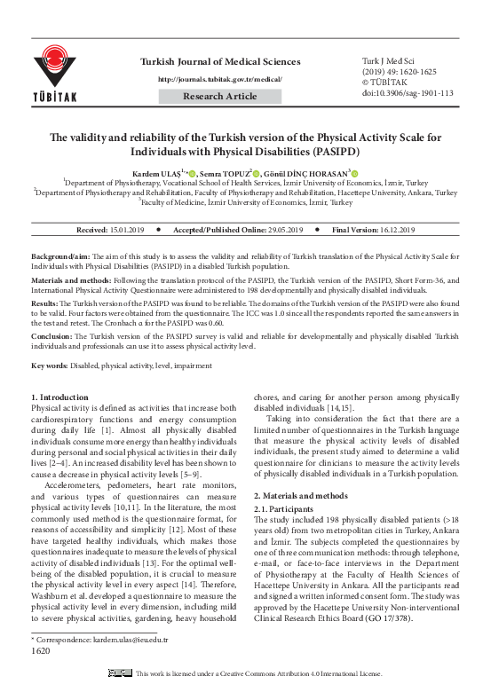 (PDF) The Reliability and Validity of the Turkish Version of the Physical Activity Scale for ...