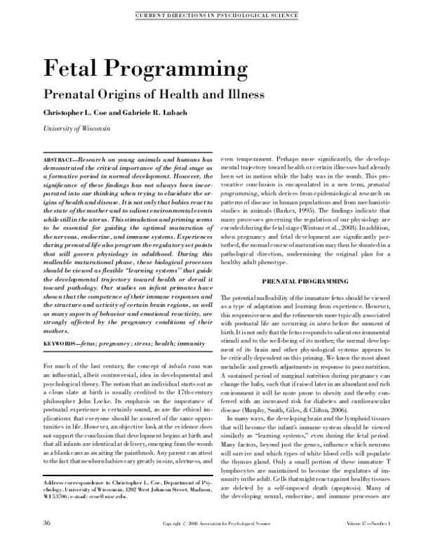 (PDF) Fetal Programming | Christopher Coe - Academia.edu
