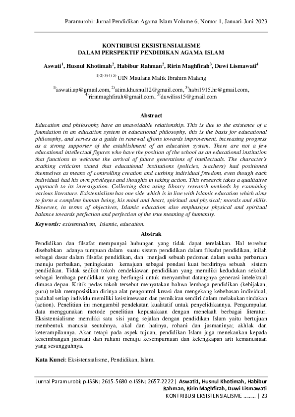 (PDF) Kontribusi Eksistensialisme Dalam Perspektif Pendidikan Agama Islam