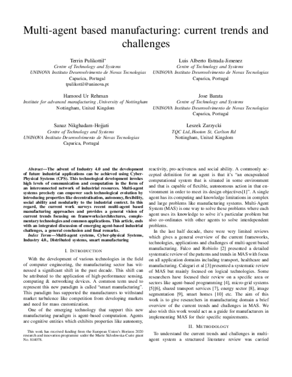 (PDF) Multi-agent based manufacturing: current trends and challenges