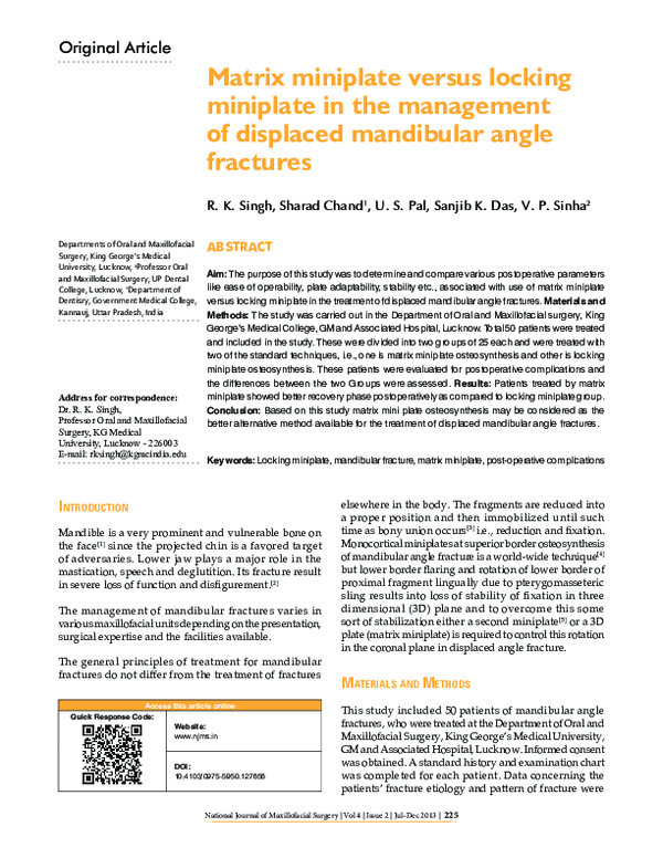 (PDF) Matrix miniplate versus locking miniplate in the management of ...