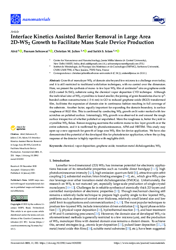 (PDF) Interface Kinetics Assisted Barrier Removal in Large Area 2D-WS2 ...