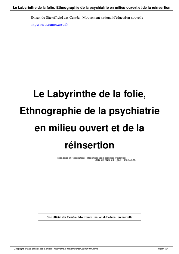 (PDF) Le labyrinthe de la folie : ethnographie de la psychiatrie en ...