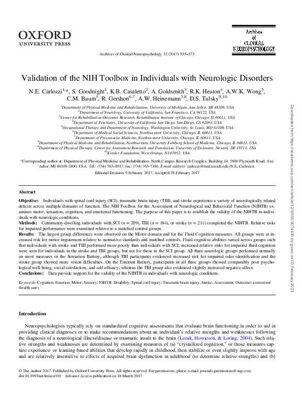 (PDF) Validation of the NIH Toolbox in Individuals with Neurologic ...