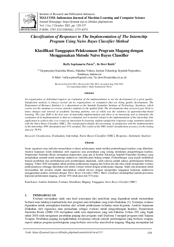 (PDF) Klasifikasi Tanggapan Pelaksanaan Program Magang dengan ...