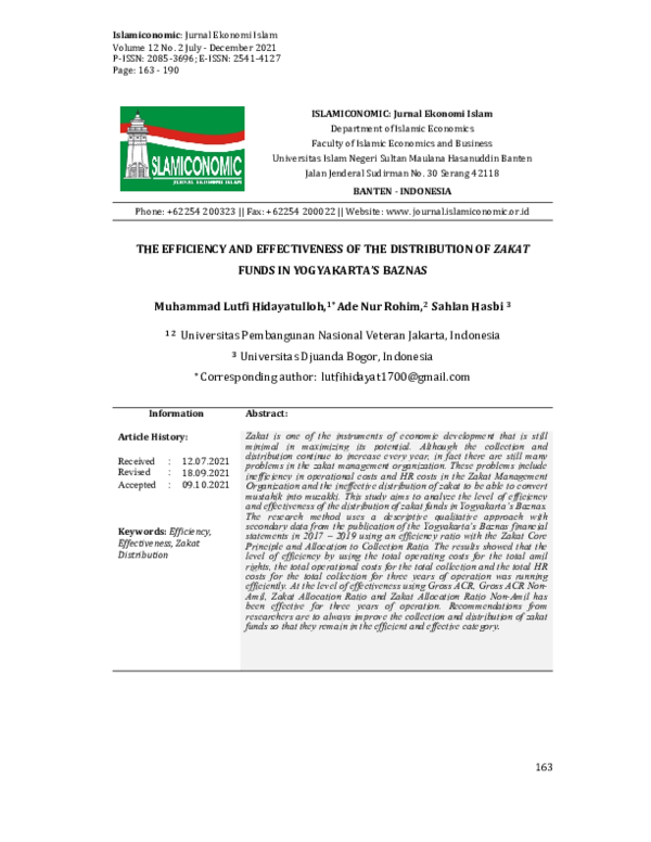 (PDF) The Efficiency and Effectiveness of The Distribution of Zakat Funds in Yogyakarta 's Baznas