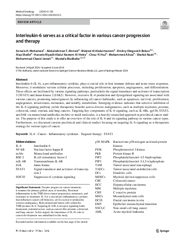 (PDF) Interleukin-6 serves as a critical factor in various cancer progression and therapy