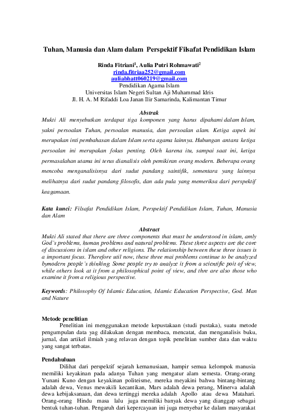 (PDF) Tuhan, Manusia dan Alam dalam Perspektif Filsafat Pendidikan Islam